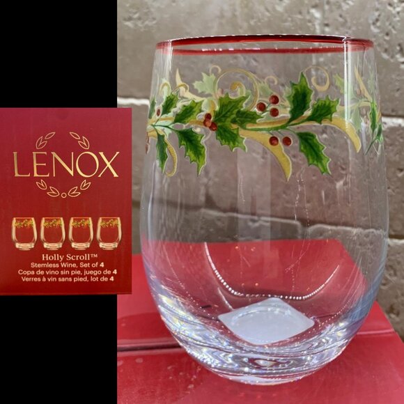 Lenox | Dining | Lenox Holly Scroll Christmas Holiday Stemless Wine ...